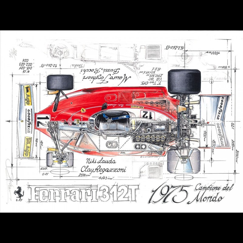 F1 Ferrari 312T Lauda Reggazoni 1975 original drawing by Sébastien Sauvadet