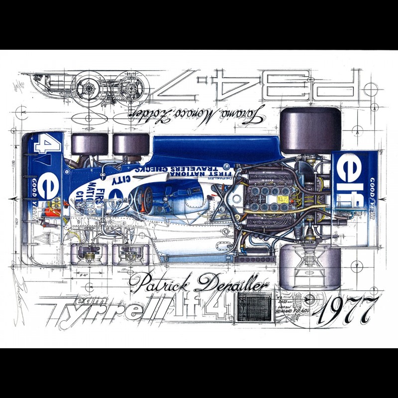F1 Tyrrell P34-7 Patrick Depailler 1977 original drawing by Sébastien ...