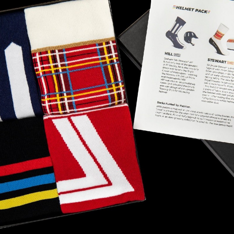 4 pairs Inspiration F1 Pilot Helmets Socks Formula One 1967-1977 Boxset