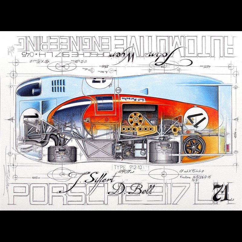Porsche 917 LH JWA Gulf n° 17 Le Mans 1971﻿ original drawing by ...