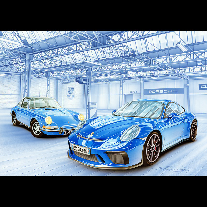 Porsche Poster 911 G & Porsche 991 Blue Garage François Bruère - VA156