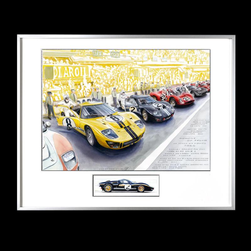 Trio Ford GT40 & Duo Ferrari 330P3 24h Le Mans 1966 40 x 50 cm Silver wood frame Limited edition ...