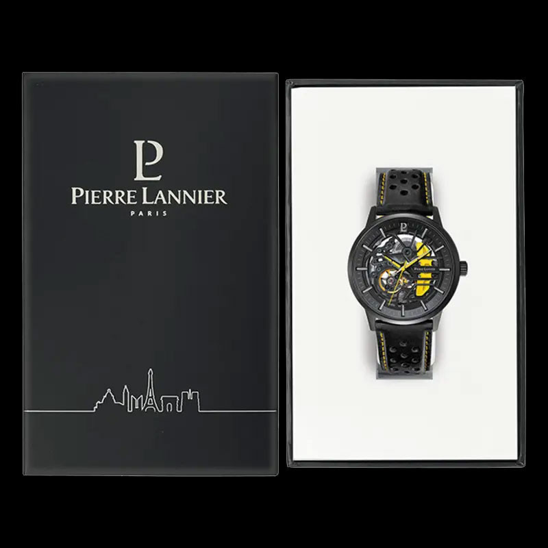 Paddock Automatic Watch Black / Yellow Leather bracelet Made in France ...