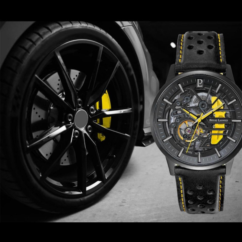 Paddock Automatic Watch Black / Yellow Leather bracelet Made in France ...