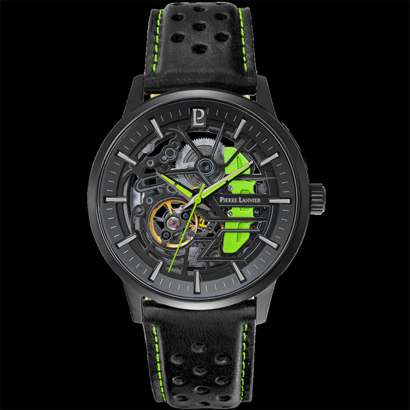 Paddock Automatic Watch Black / Acid Green Leather bracelet Made in ...