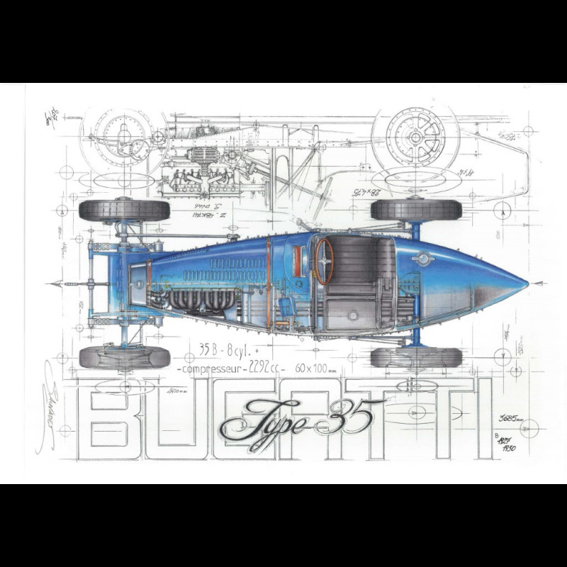 Bugatti Type 35 1927 original drawing by Sébastien Sauvadet