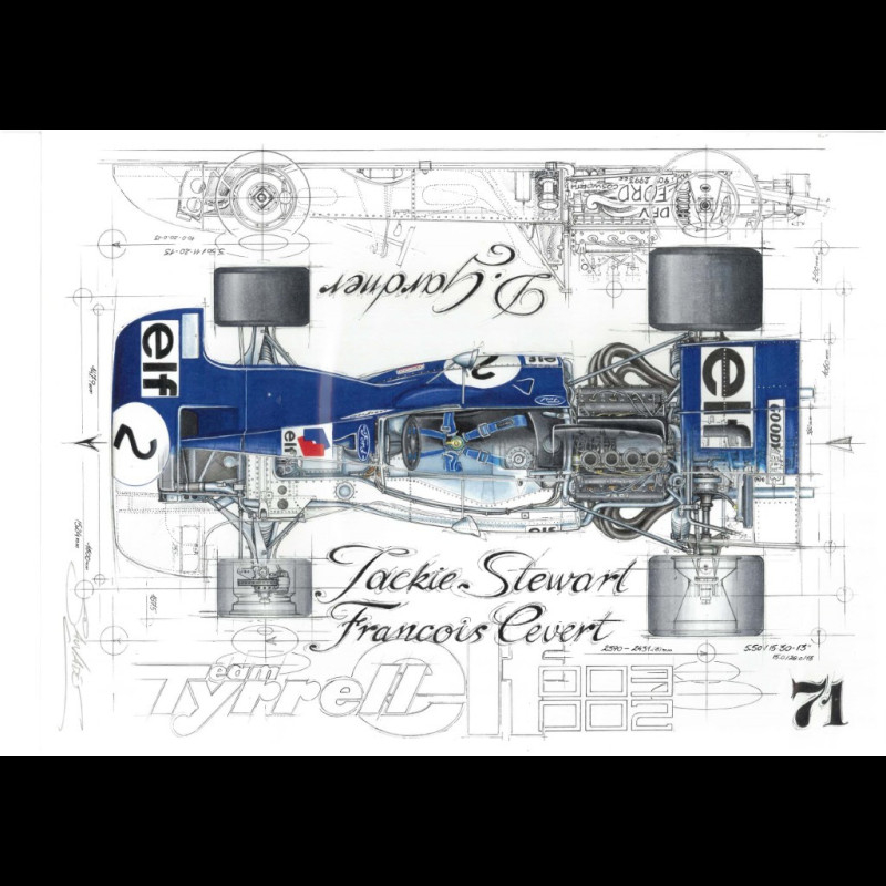 Tyrrell 002 n° 2 Vainqueur GP Watkins Glen 1971 dessin original de Sébastien Sauvadet