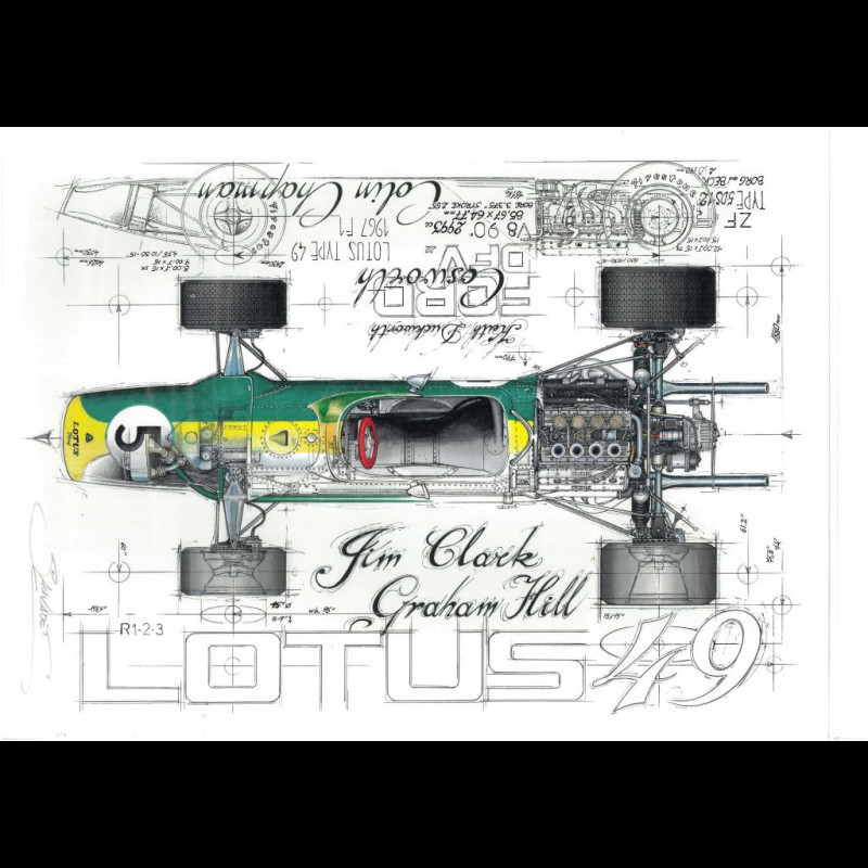 Lotus 49 n° 5 Winner GP Netherlands 1967 original drawing by Sébastien ...