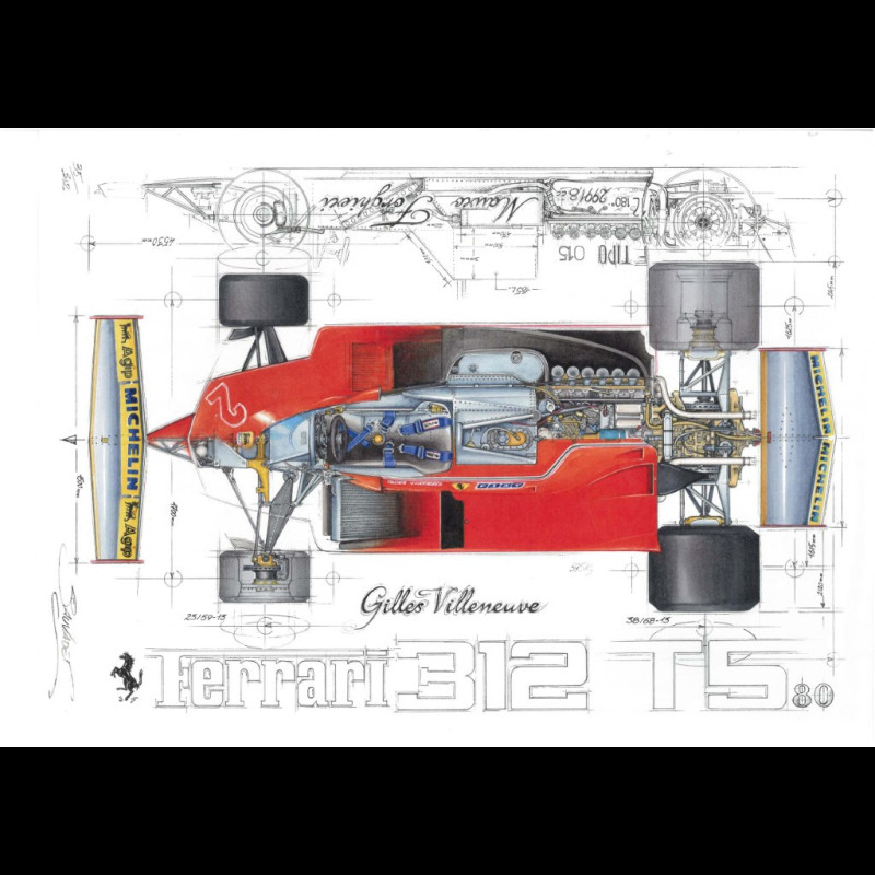 Ferrari 312 T5 n° 2 Gilles Villeneuve 1980 original drawing by ...