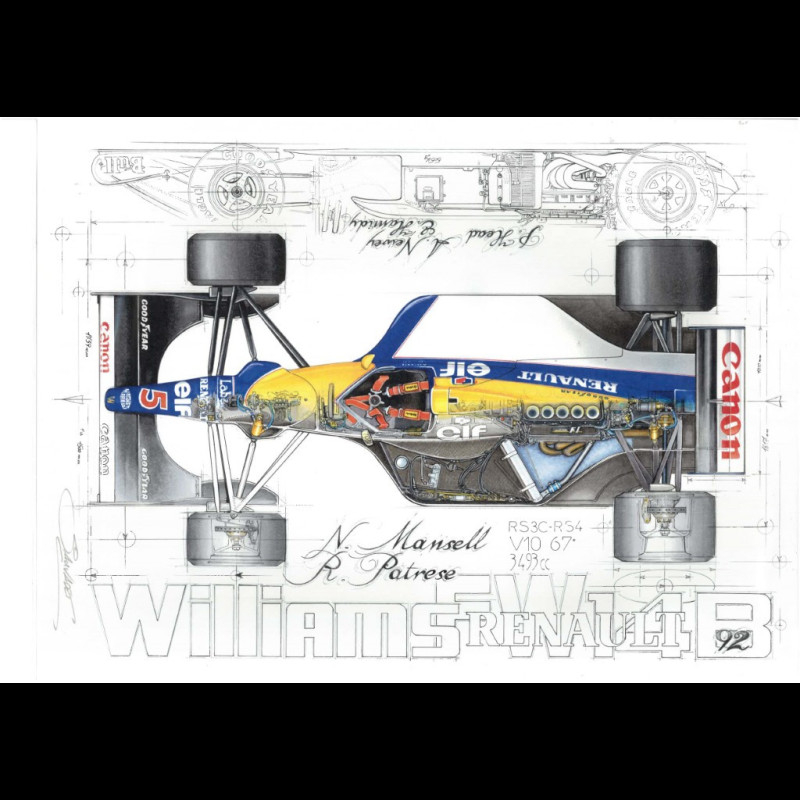 Nigel Mansell Williams FW14B n° 5 World Champion 1992 original drawing ...
