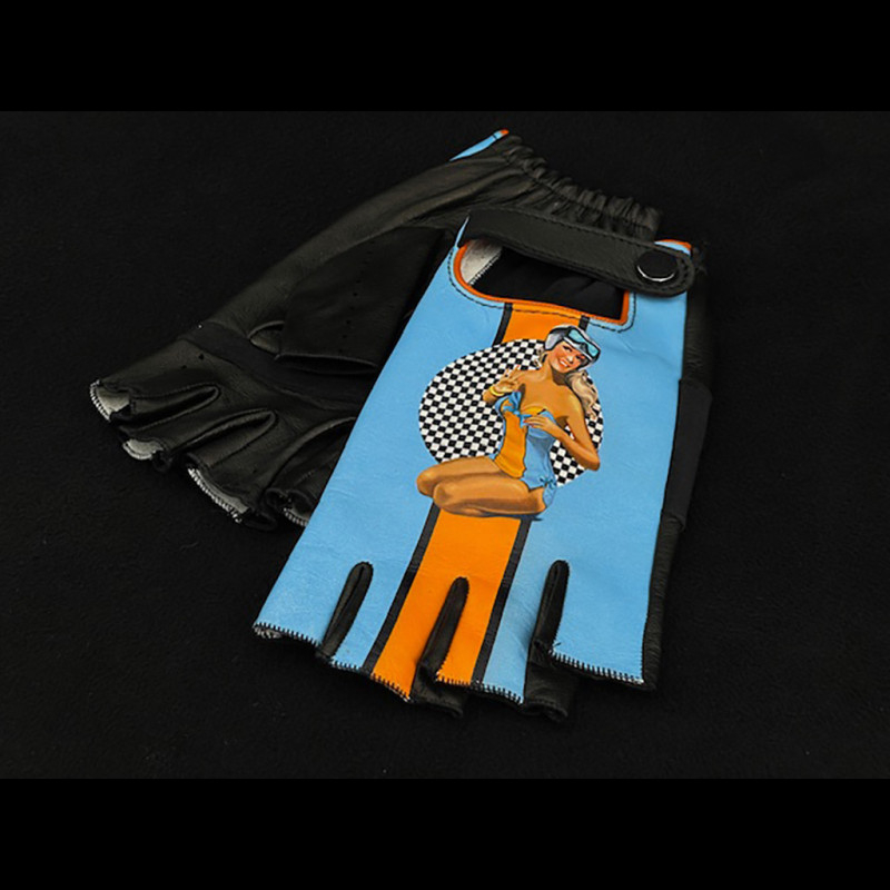Driving Gloves fingerless Mittens Leather Racing blue / orange Pin Up