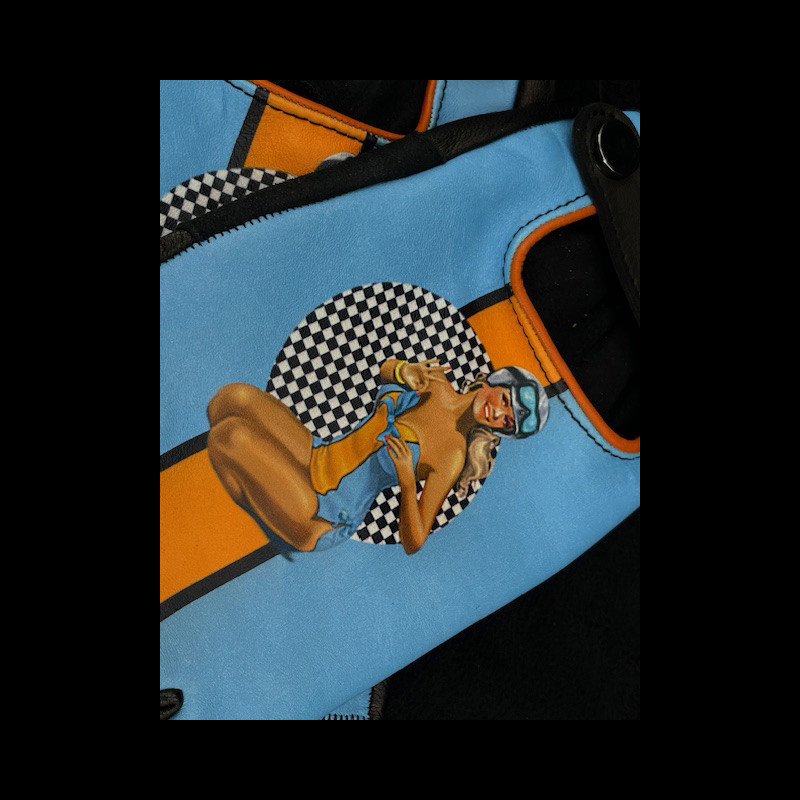 Driving Gloves fingerless Mittens Leather Racing blue / orange Pin Up