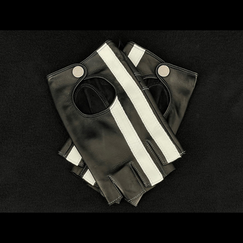 Driving Gloves fingerless Racing Mittens Leather Black / White stripes