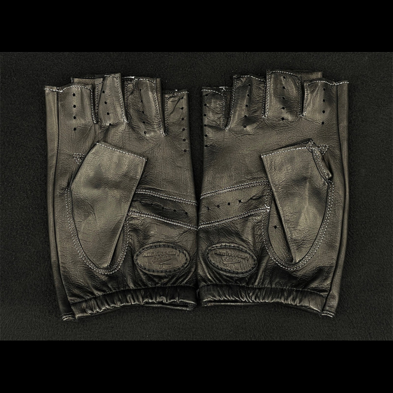 Driving Gloves fingerless Racing Mittens Leather Black / White stripes