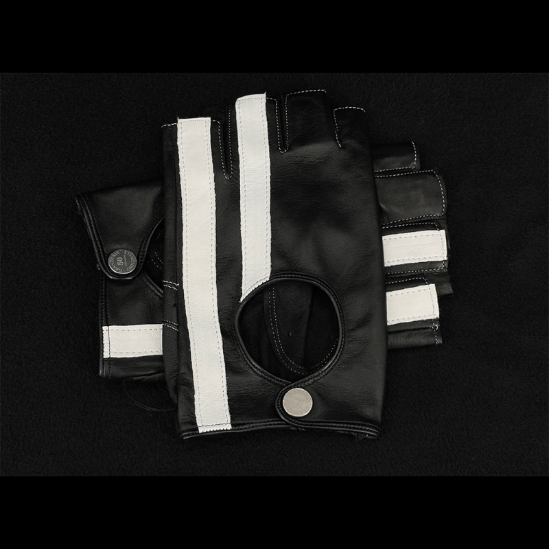 Driving Gloves fingerless Racing Mittens Leather Black / White stripes