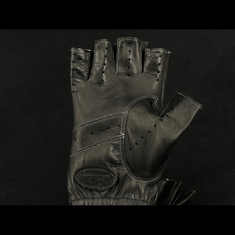 Driving Gloves fingerless Racing Mittens Leather Black / White stripes