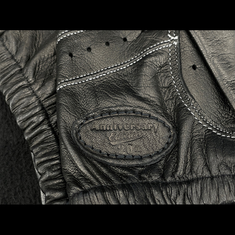 Driving Gloves fingerless Racing Mittens Leather Black / White stripes