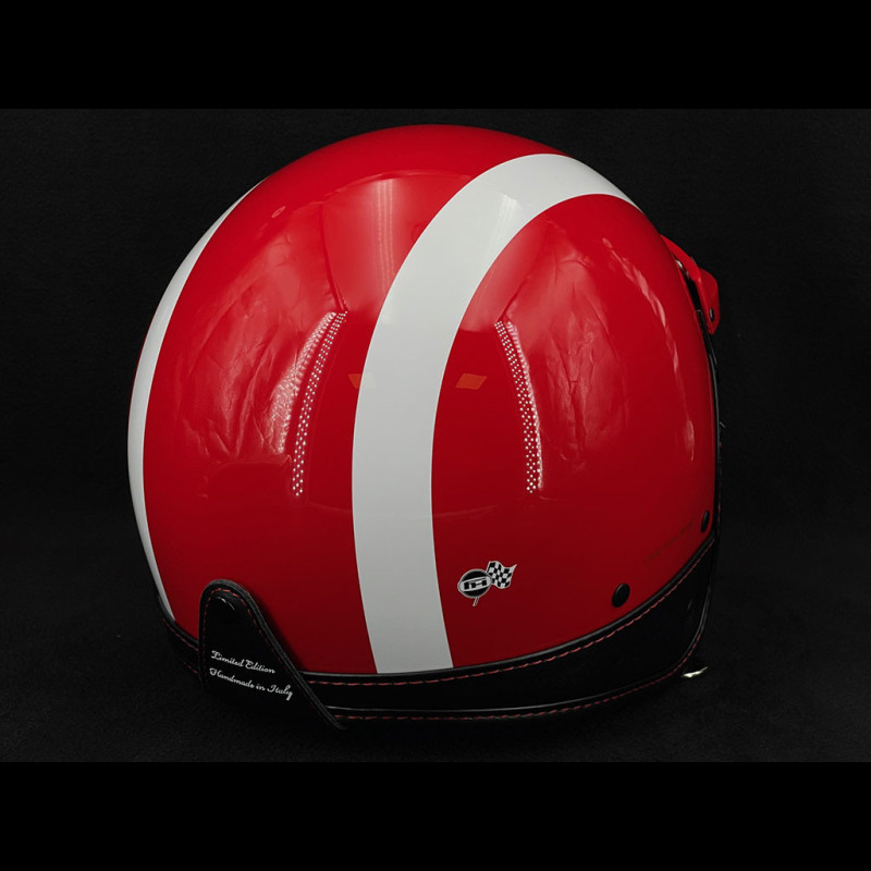 Casque Vintage Jo Siffert Signature Rouge avec Bandes et Croix Blanche - Renfort en cuir Noir et ...