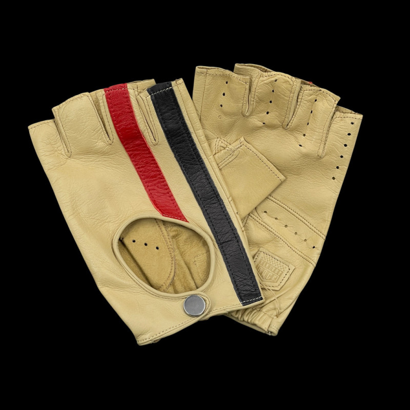 Driving Gloves fingerless mittens leather Racing cream red and blue stripes