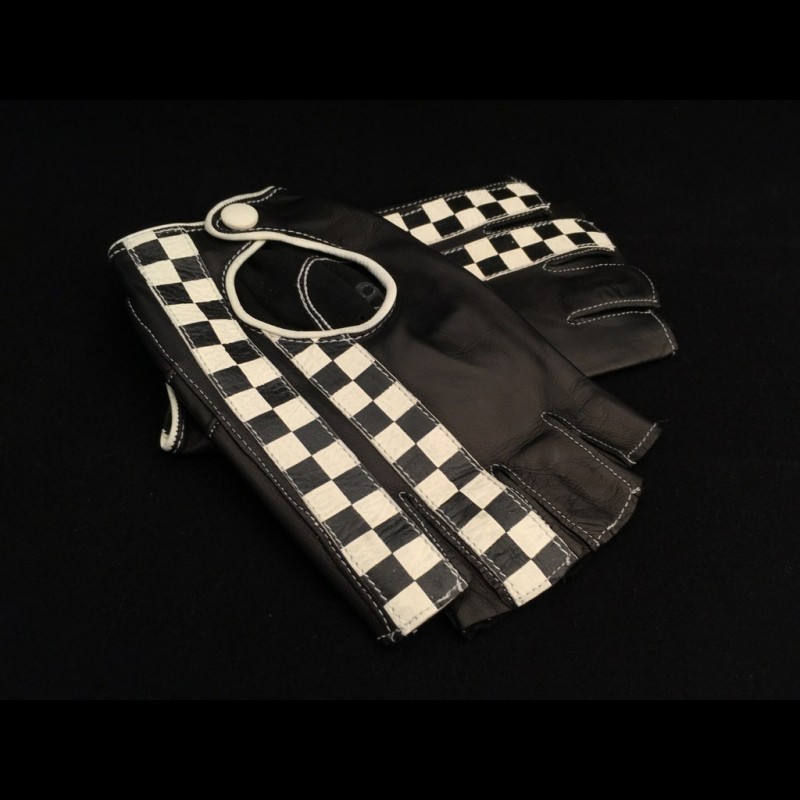 Driving Gloves fingerless mittens leather Racing black checkered flag