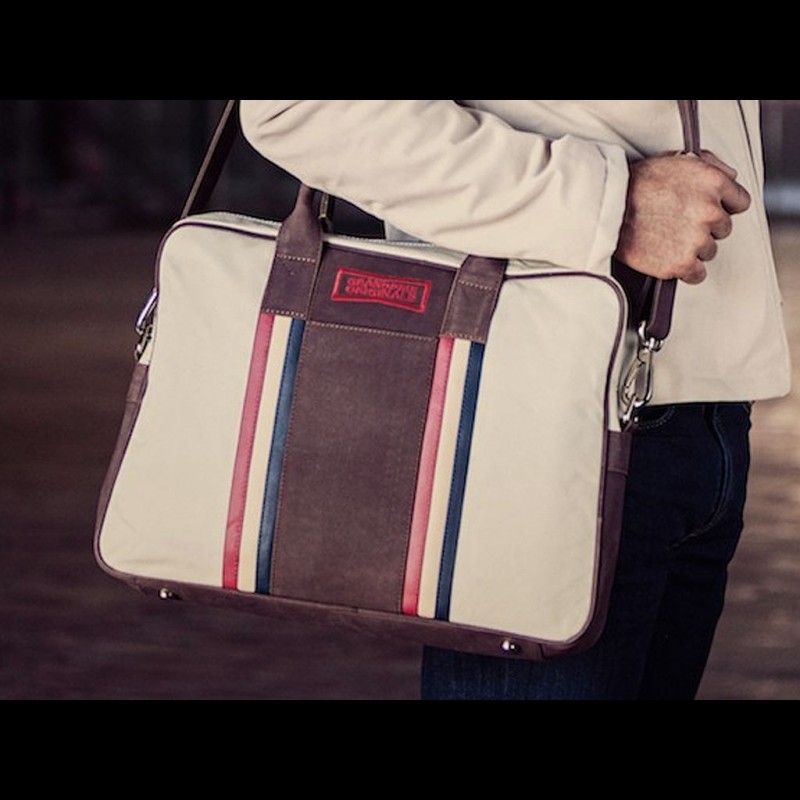 Vintage laptop / computer bag shoulder strap leather / cotton beige
