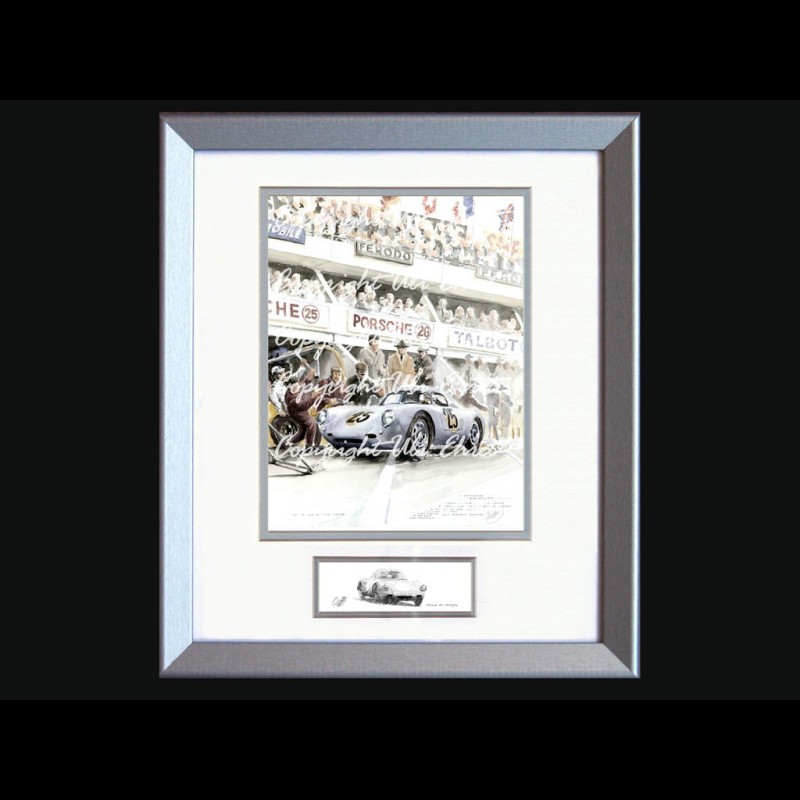 Porsche 550 A Le Mans 1956 n° 25 wood frame aluminum with black and white sketch Limited edition ...