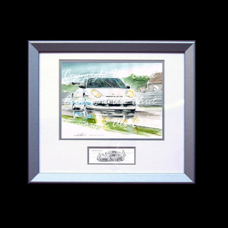 Porsche 911 type 996 GTR white blue stripes wood frame aluminum with black and white sketch ...
