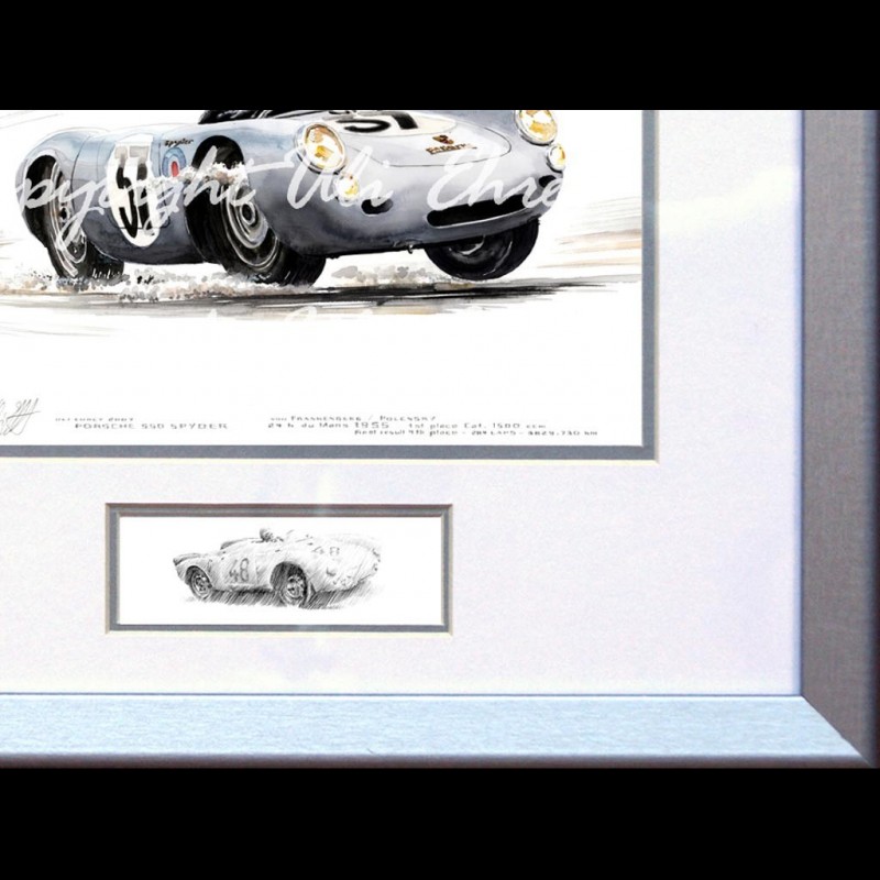 Porsche 550 Le Mans 1955 n° 37 von Frankenberg wood frame aluminum with black and white sketch ...