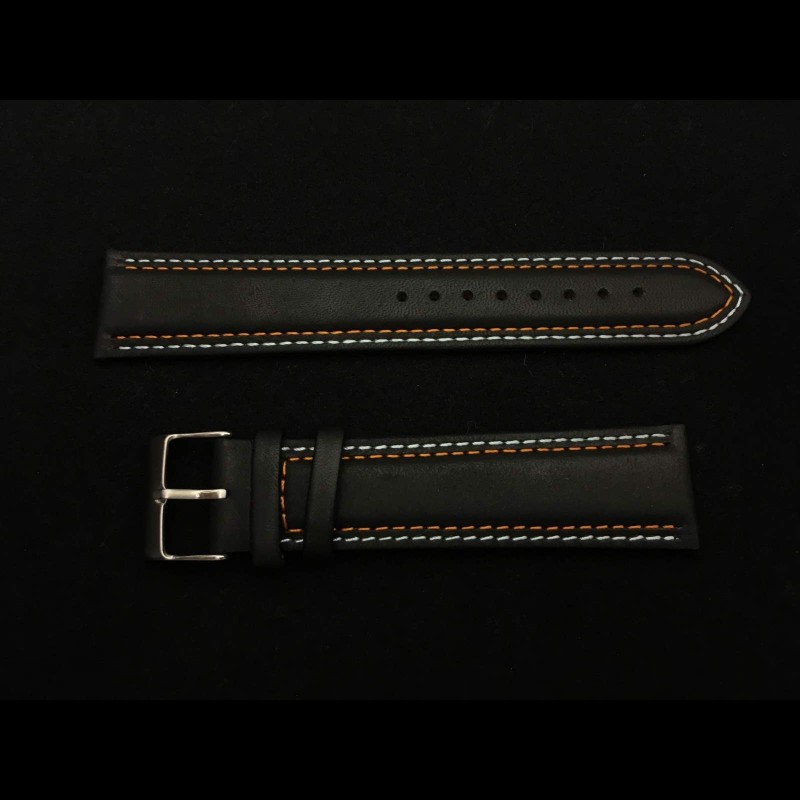Watch strap Racing team black leather / Gulf blue and orange stitching