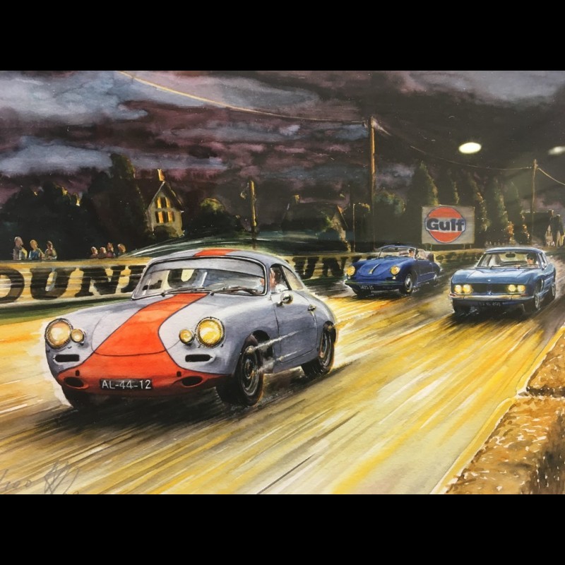 Porsche 356 Gulf im Rennen Aluminium Rahmen mit Schwarz-Weiß Skizze ...