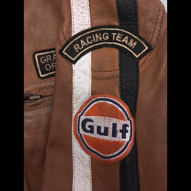 Gulf leather jacket Lucky Number 69 Racing Team Classic driver cognac - men