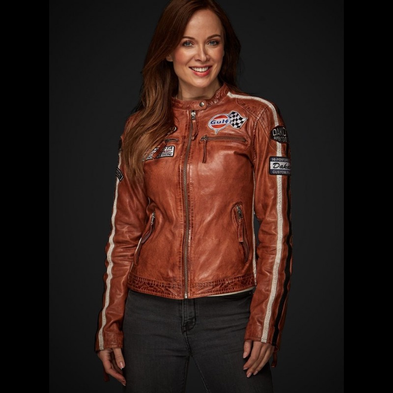 Gulf leather jacket Dakota Super Sport Racing Team Classic driver Brown ...
