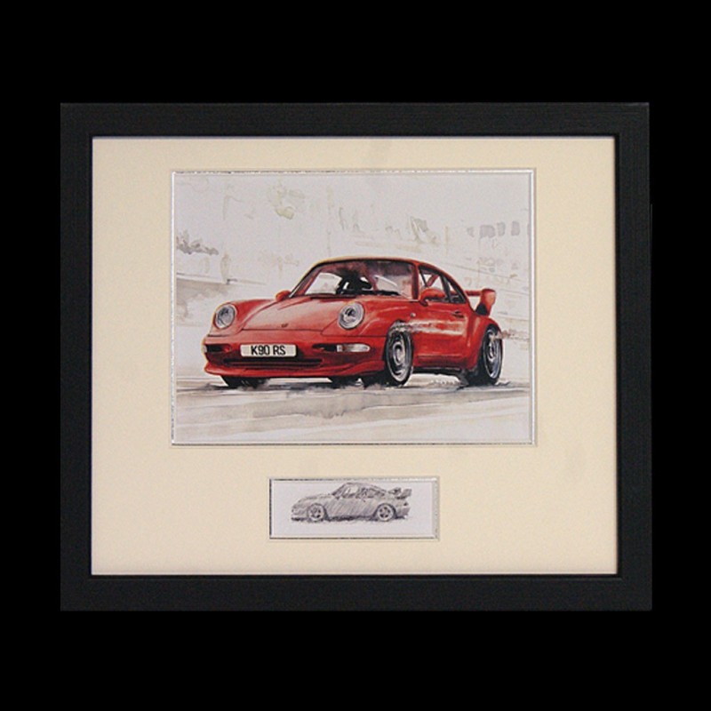 Porsche 964 RS 3.8 red black wood frame with black and white sketch ...