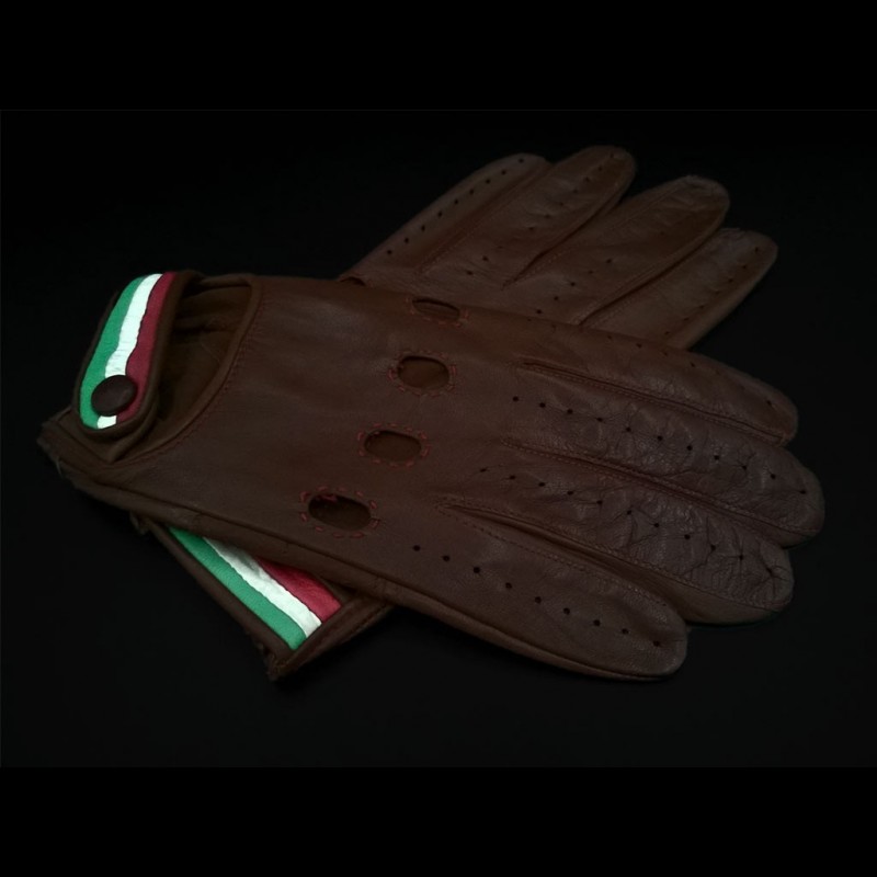 Driving Gloves Italia Racing Leather Brown Tricolor band